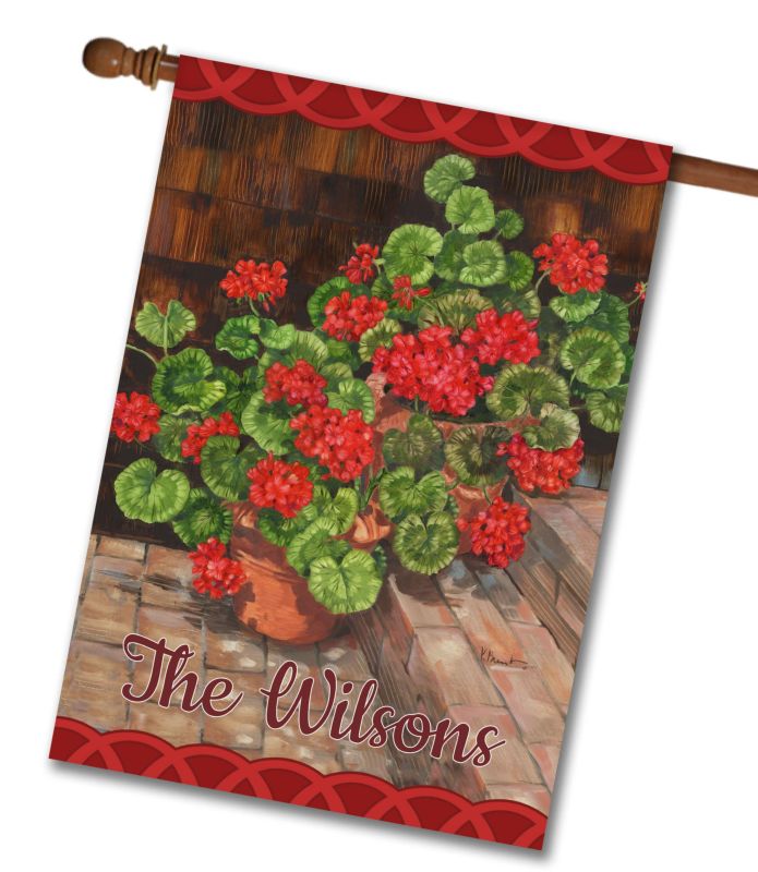 Personalized Summer Geraniums Welcome House Flag - Custom Printed Flags ...