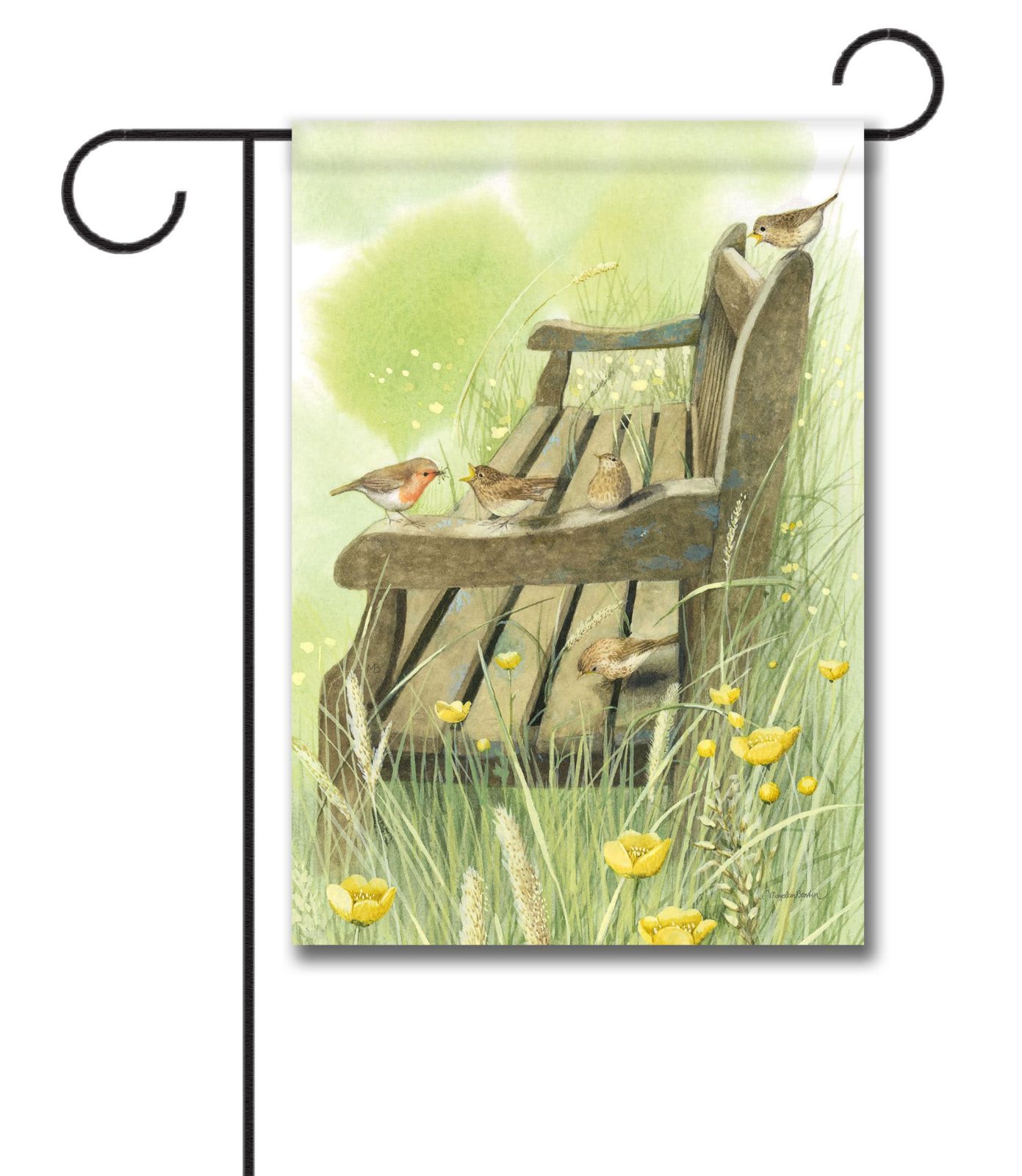 Buy: Robins on a Bench – Garden Flag Spring Art Flagology.com