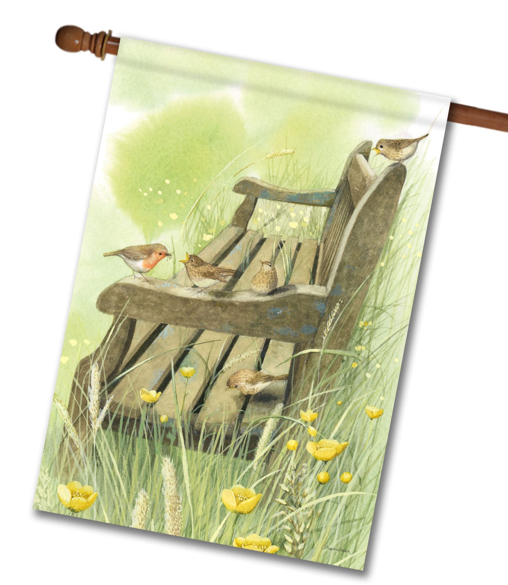 Buy: Robins on a Bench – House Flag Spring Art Flagology.com