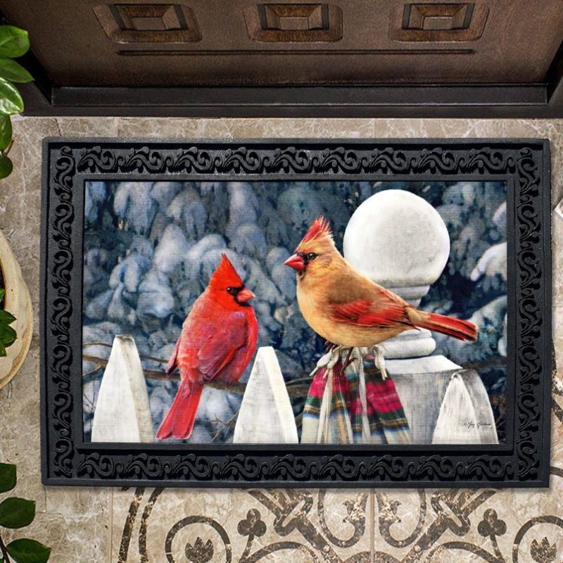 Buy: Winter Cardinals on the Fence Doormat Winter Art Flagology.com