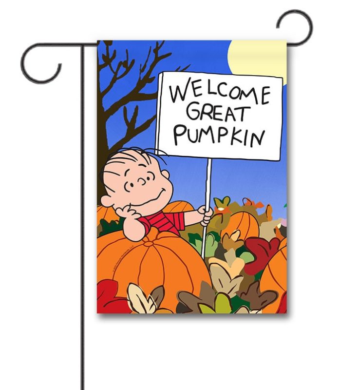 Buy: PEANUTS® Welcome Great Pumpkin Linus – Garden Flag Flagology.com