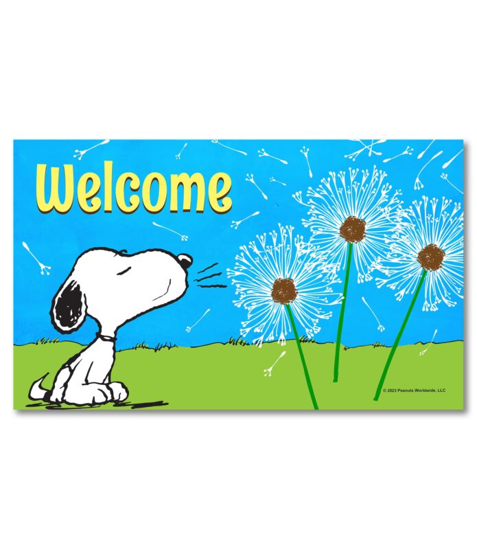 Buy: PEANUTS® Blowing Dandelions Doormat Spring Snoopy Flagology.com