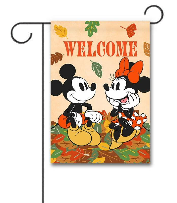 Buy: Welcome Fall Leaf Pile Mickey and Minnie – Garden Flag Flagology.com