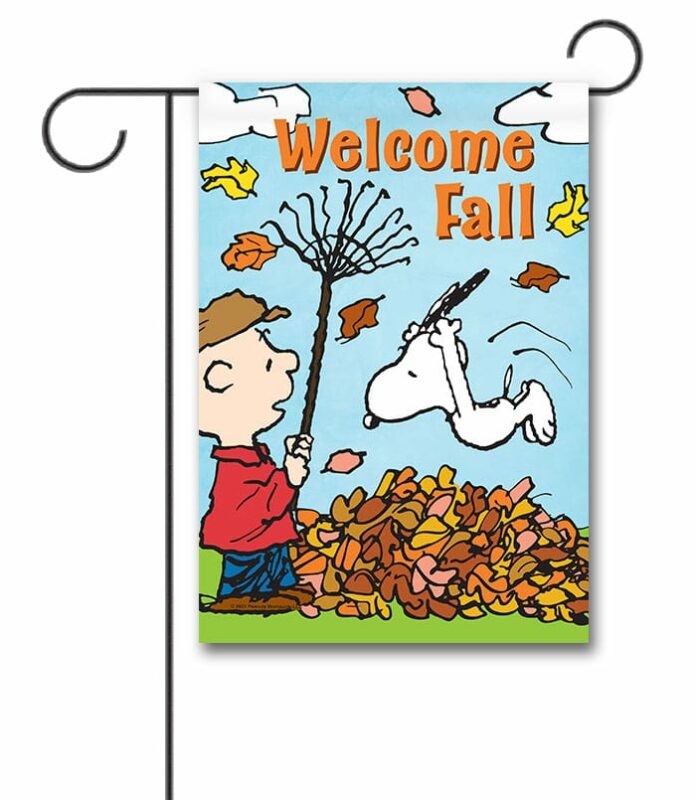 Buy: PEANUTS® Fall Leaf Pile Plunge – Garden Flag Flagology.com