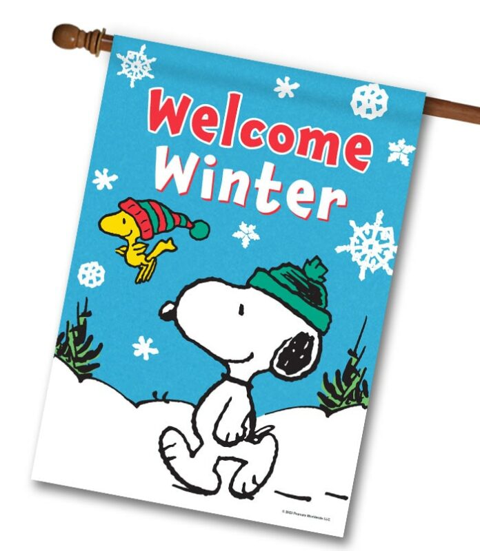 Buy: PEANUTS® Snoopy and Woodstock Winter Stroll – House Flag Flagology.com